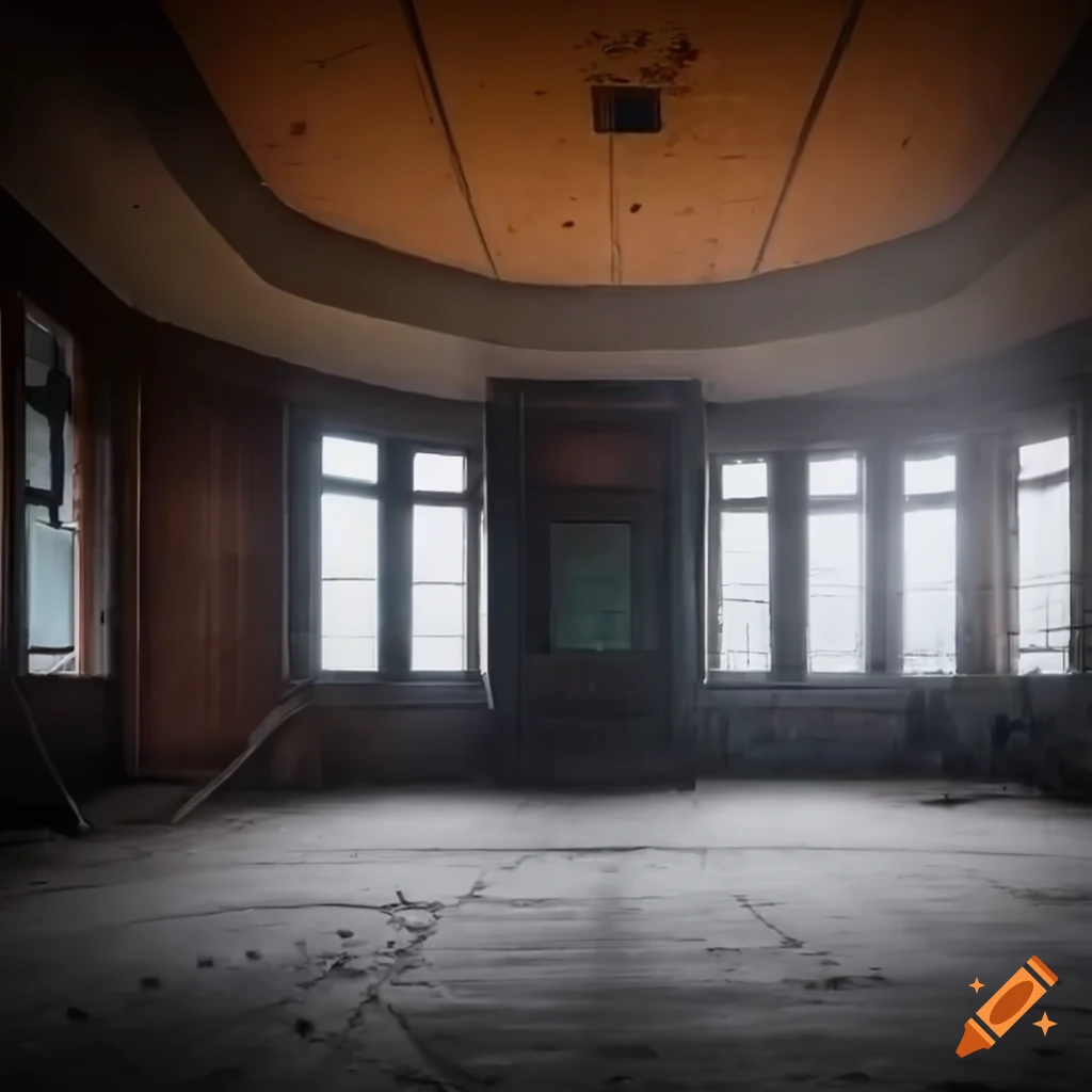 Abandoned conference room in amber fog with long horizontal industrial ...