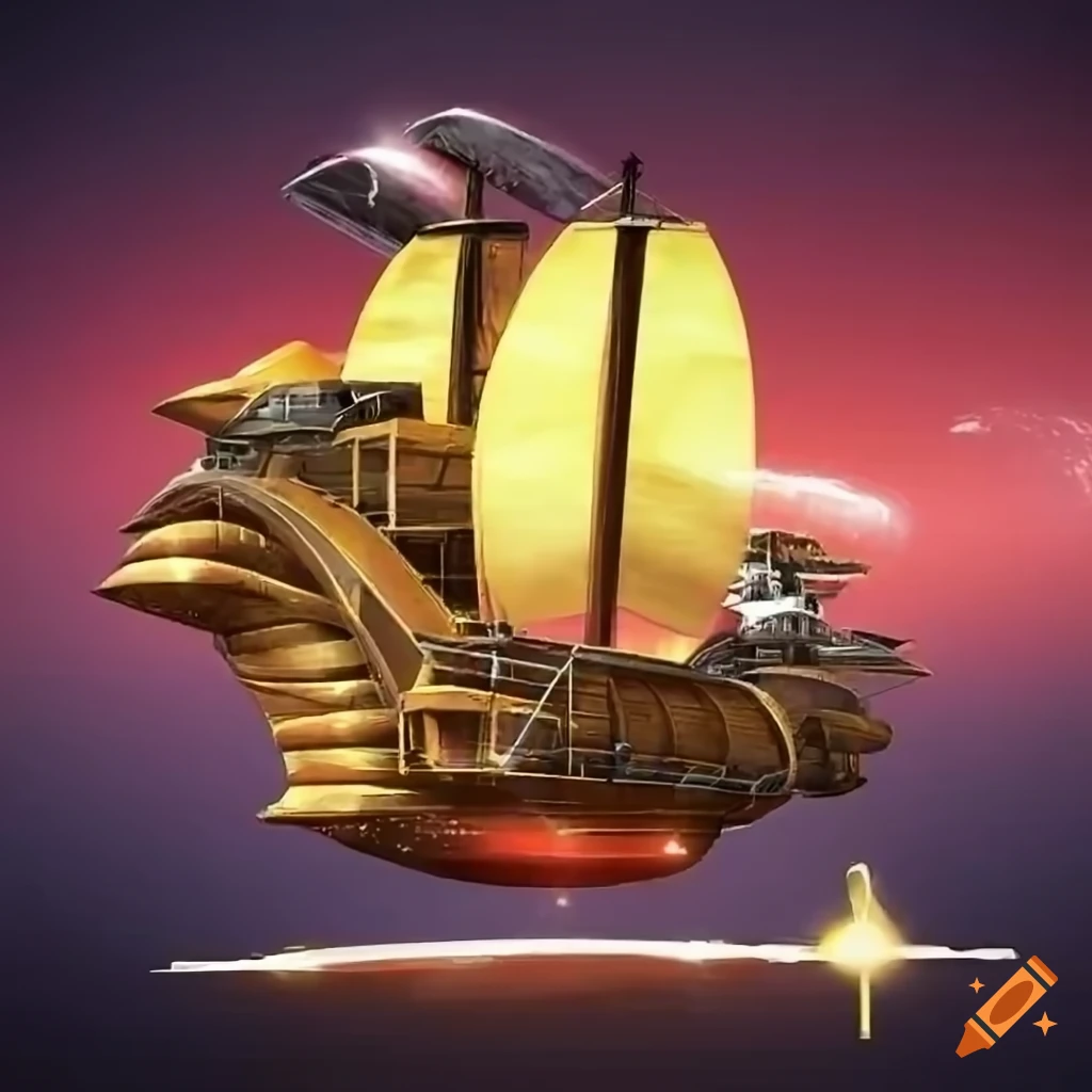 Solar punk sailing vessel with rocket engines flying by stars and ...