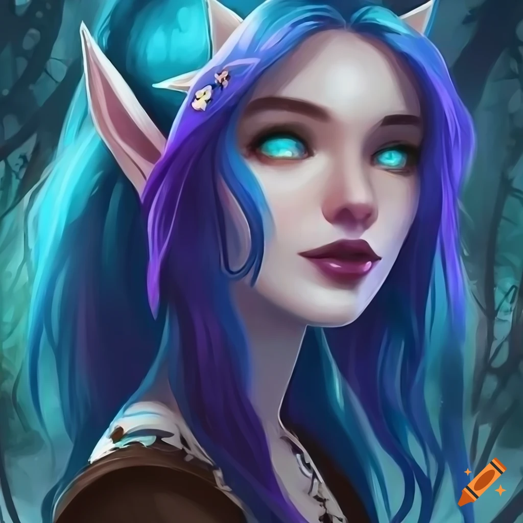 Portrait of female elf with long blue hair in a forest on Craiyon