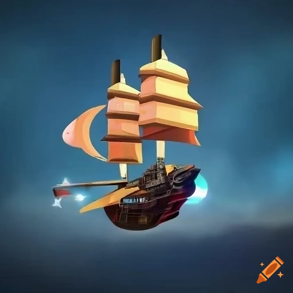 Detailed treasure planet solar punk ship with rocket engines flying by ...