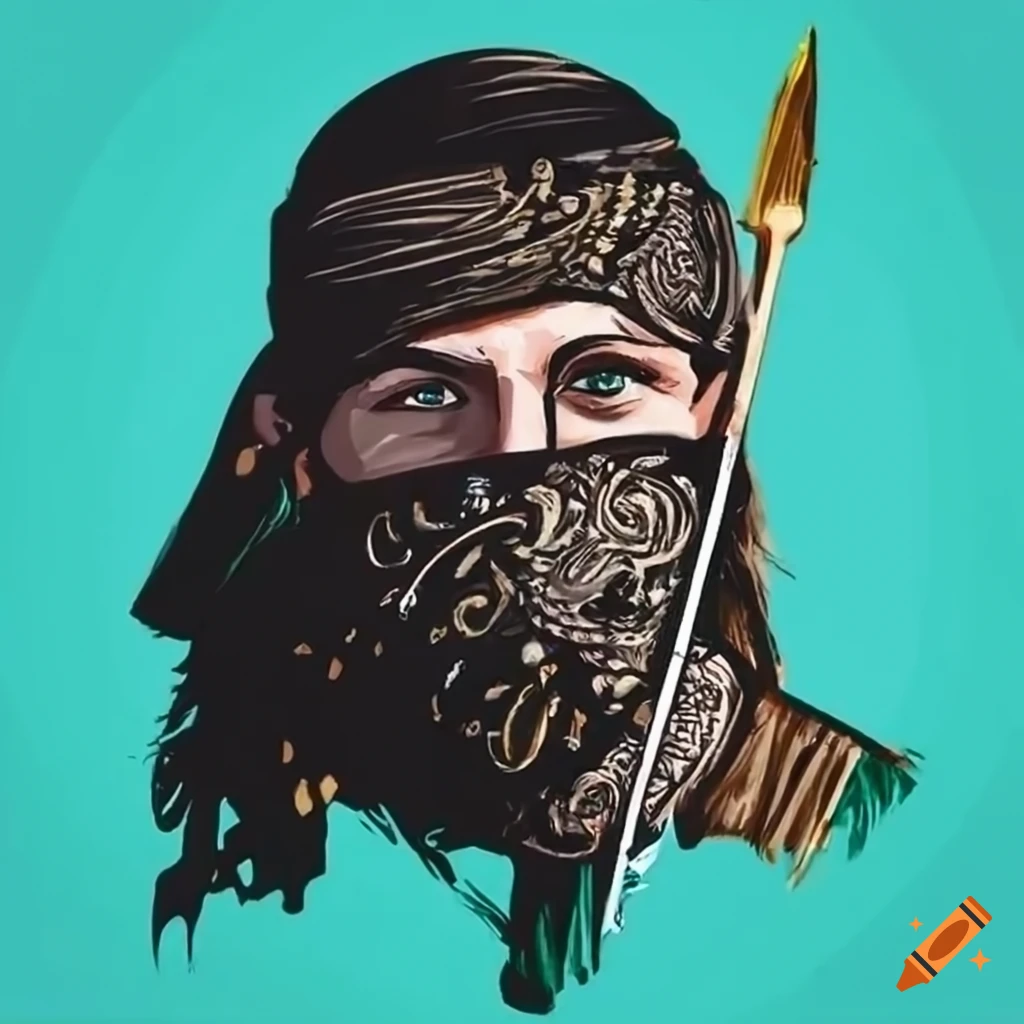 Chechen warrior on black horse with scarf and spear on Craiyon