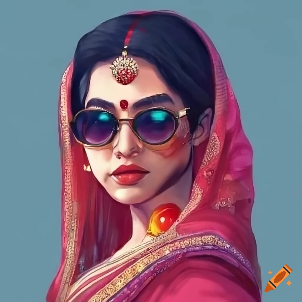 Indian woman with sunglasses and a red bindi looking over her shoulders ...