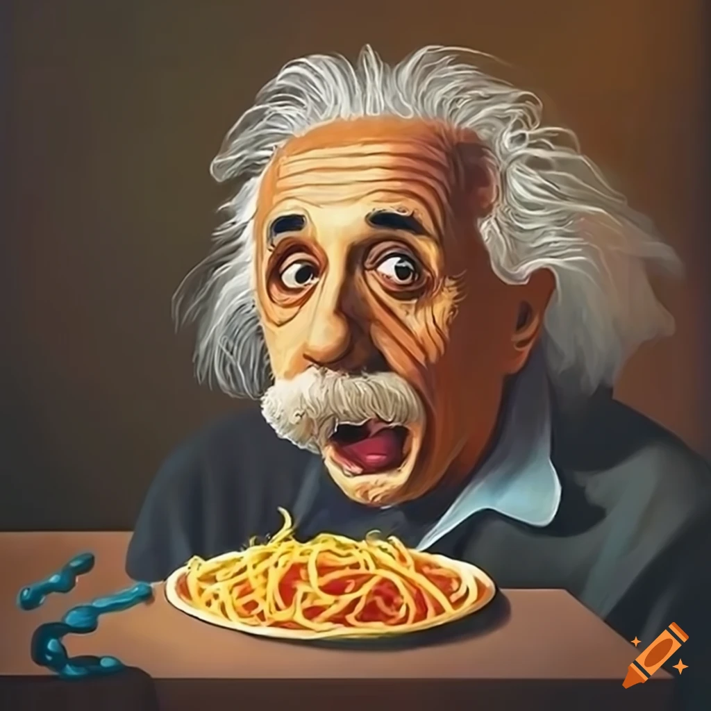 Surreal painting of Albert Einstein eating spaghetti on Craiyon