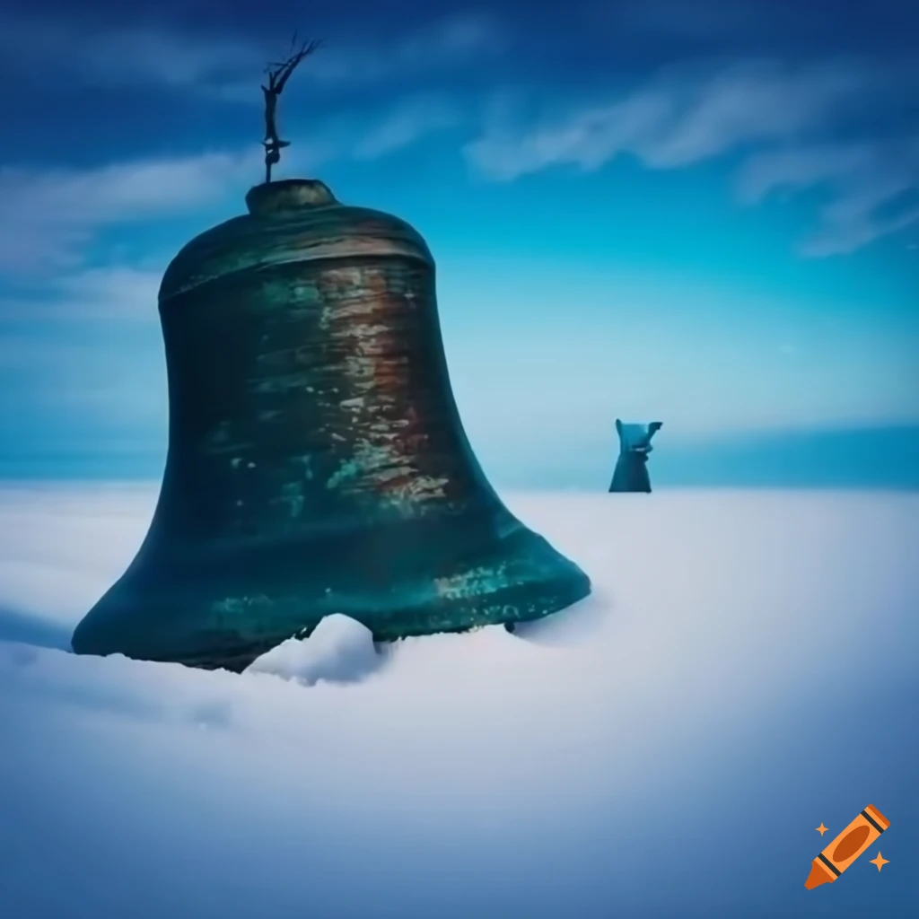 Ruins of a tower bell in the snowy landscape with a sinking giant bell ...