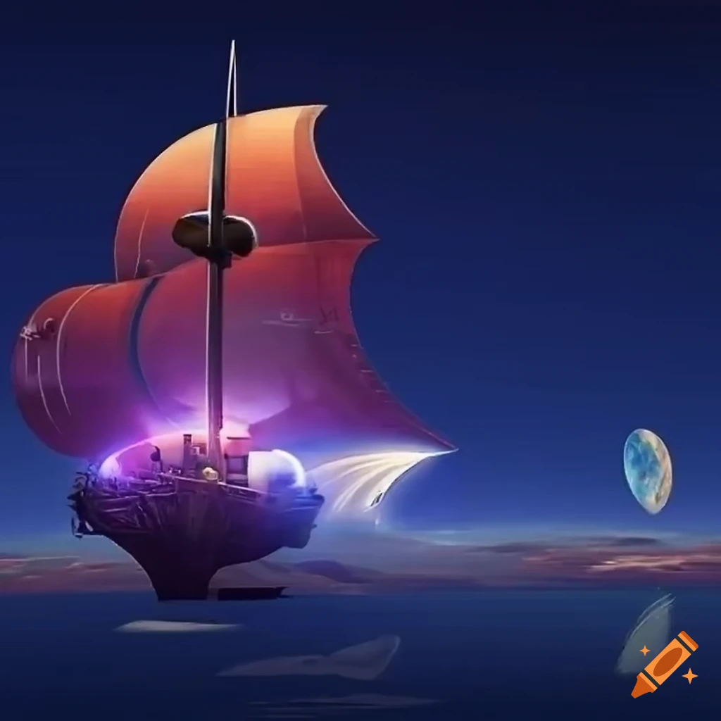 Solar punk ship sailing by stars, planet, and moon in a detailed ...