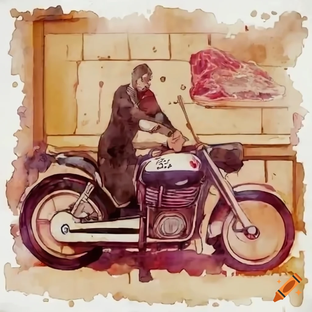 Man with cue and meat cleaver beside a motorcycle in a bar on Craiyon