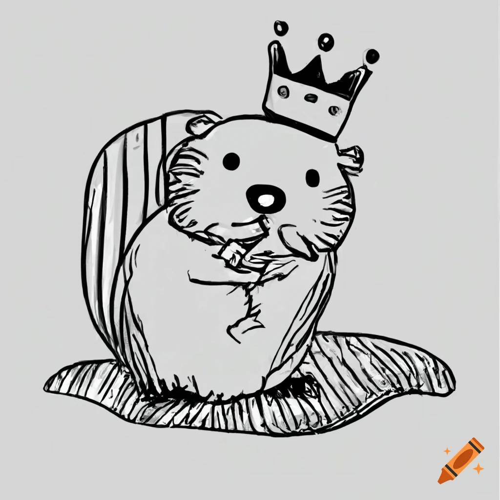 Minimalistic black and white sketch of a crowned beaver facing left on ...