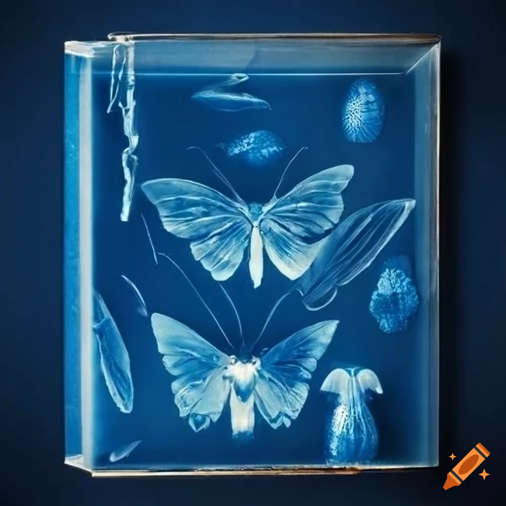 Cyanotype of an empty insect specimen box by rene lalique on a black ...