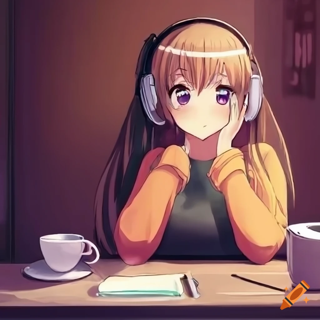 Girl studying at a cafe table with headphones, back view in anime style ...