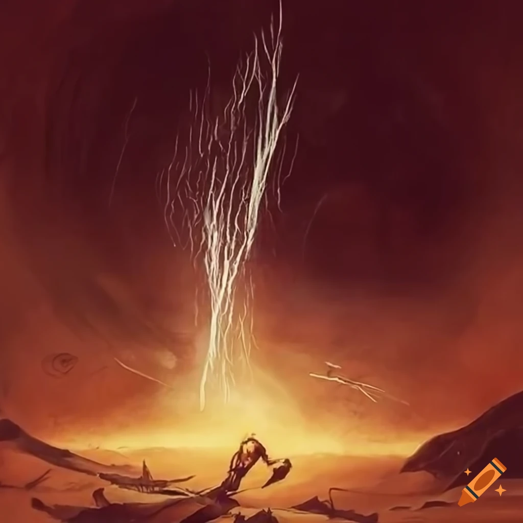 Dynamic drawing of a meteor impact in the desert in the style of Frank ...