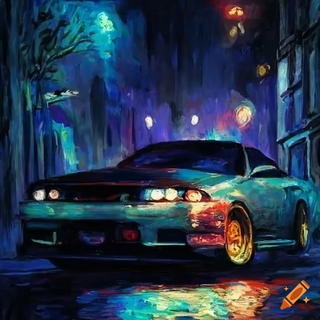 Nissan skyline gtr r33 on the street at night in an impressionist style ...