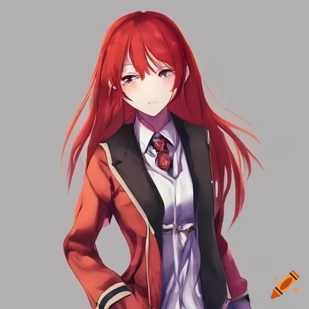 Red-haired girl wearing a jacket in anime style on Craiyon