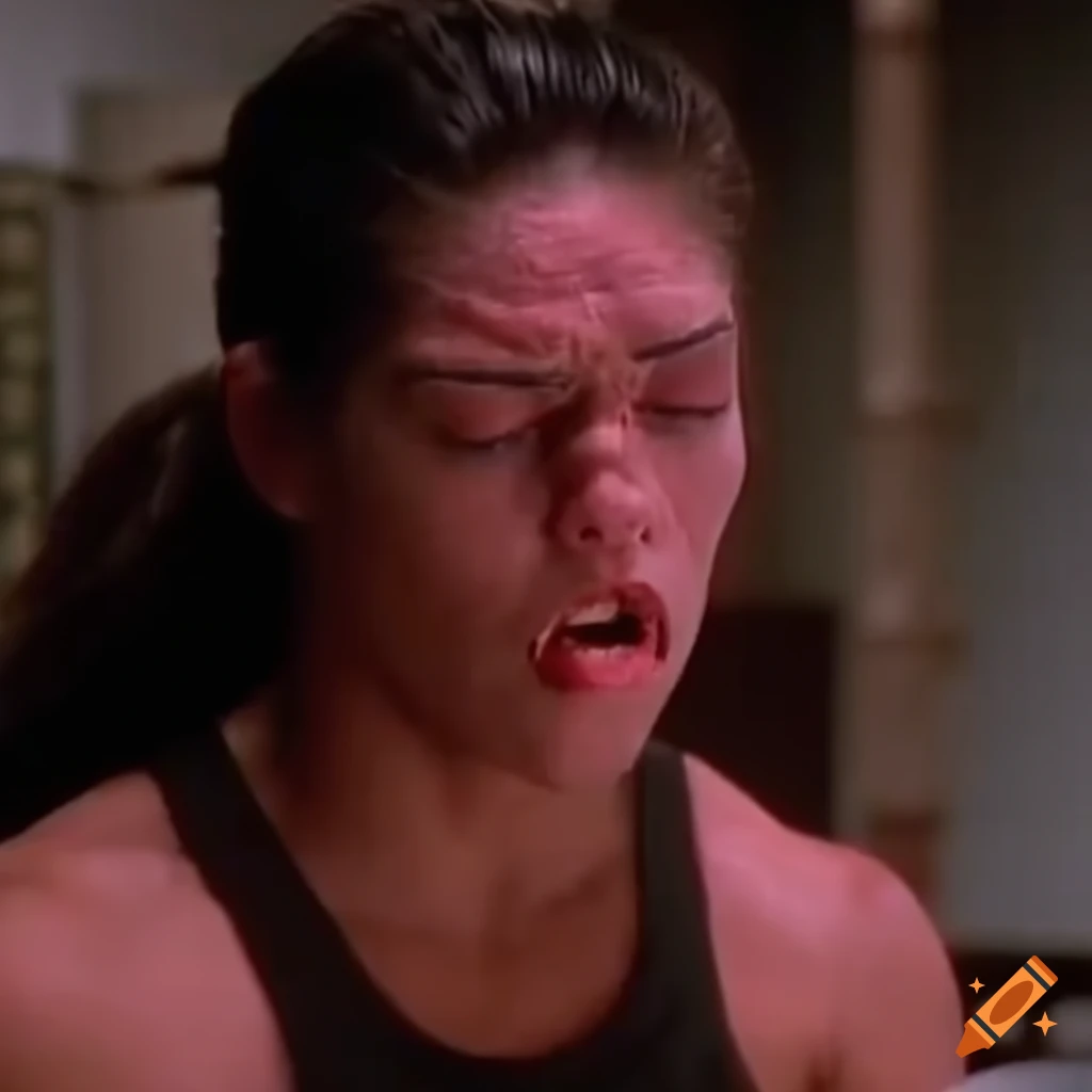 Raquel Rodriguez in a dramatic fight scene from a 90s movie on Craiyon