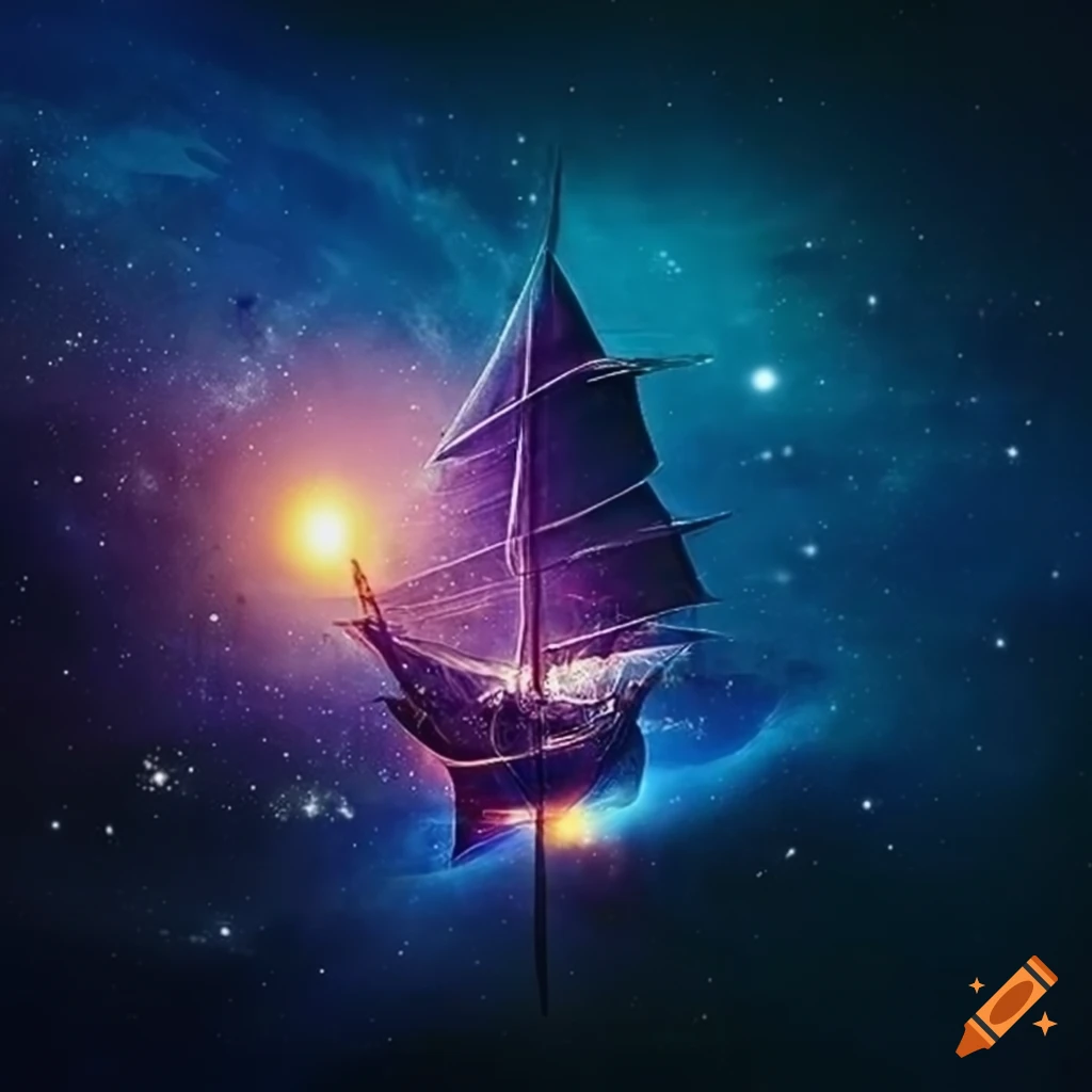 Sailing vessel in space with stars and planets in a surreal psychedelic ...