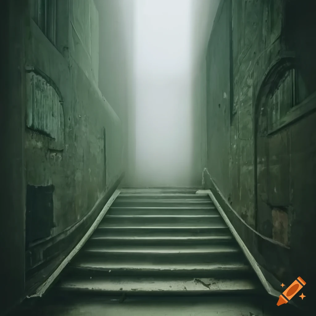 Abandoned foggy stairwell with black iron railings and olive green ...