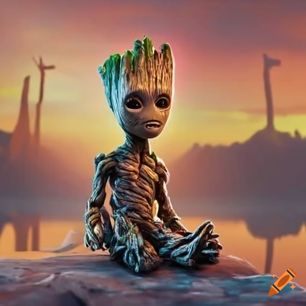 Groot sitting with a giraffe watching the sunset on Craiyon