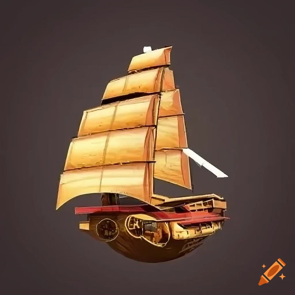 Detailed Treasure Planet solar punk ship with rocket engines flying by ...