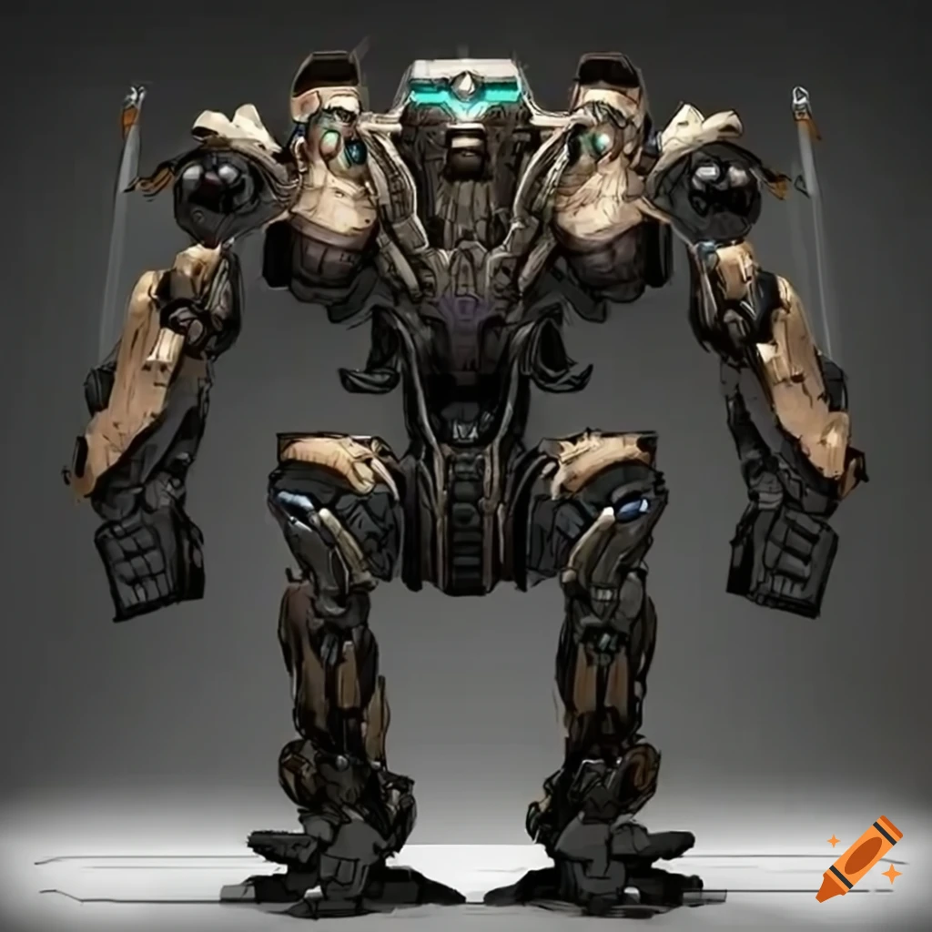 Sleek and powerful mech suit with intricate design and athletic lead ...
