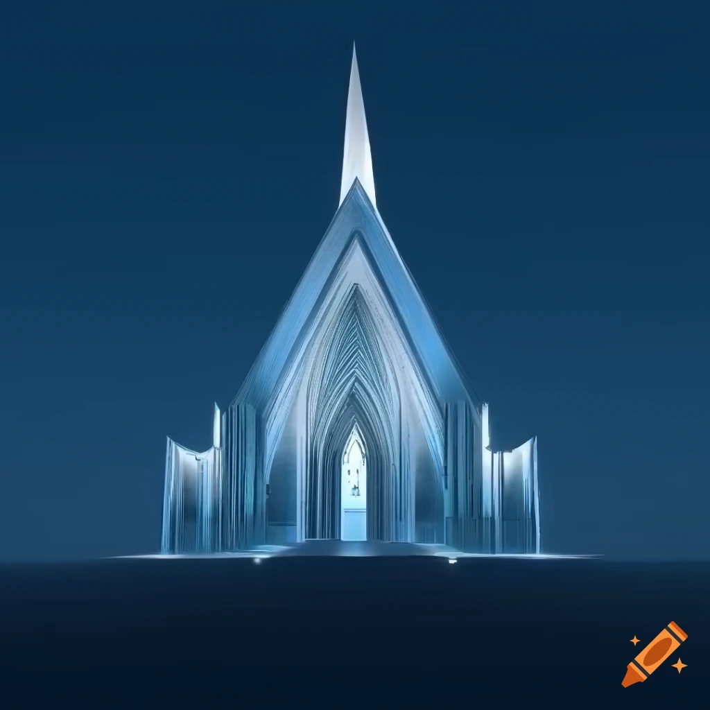 Minimalist white futuristic gothic church exterior with glowing ...