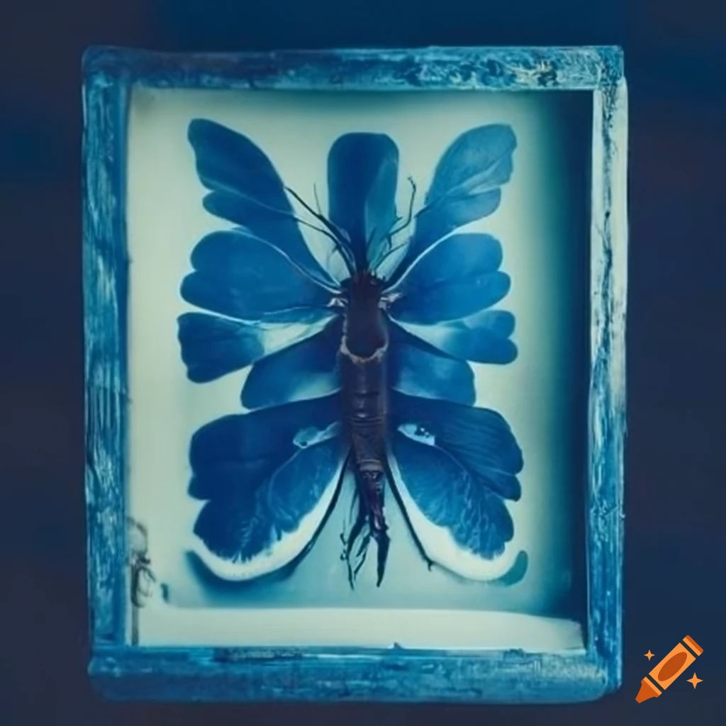 Cyanotype photo of salvador dali's insect specimen box on Craiyon