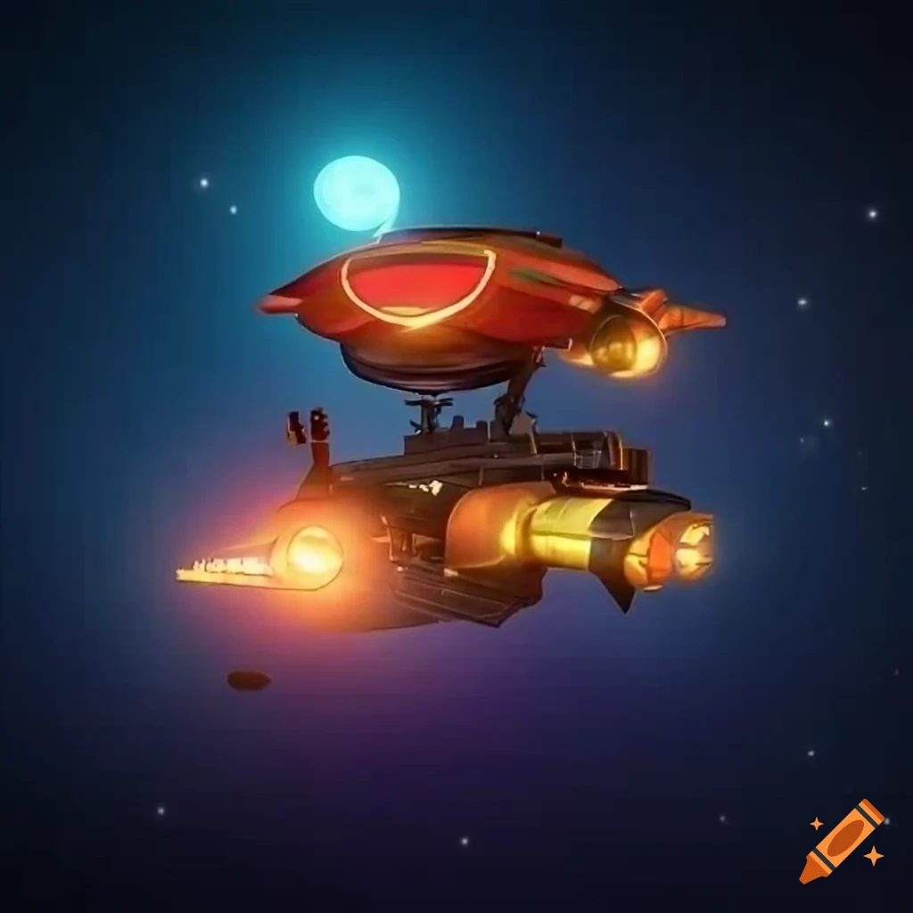 Detailed solar punk ship flying with rocket engines in space on Craiyon