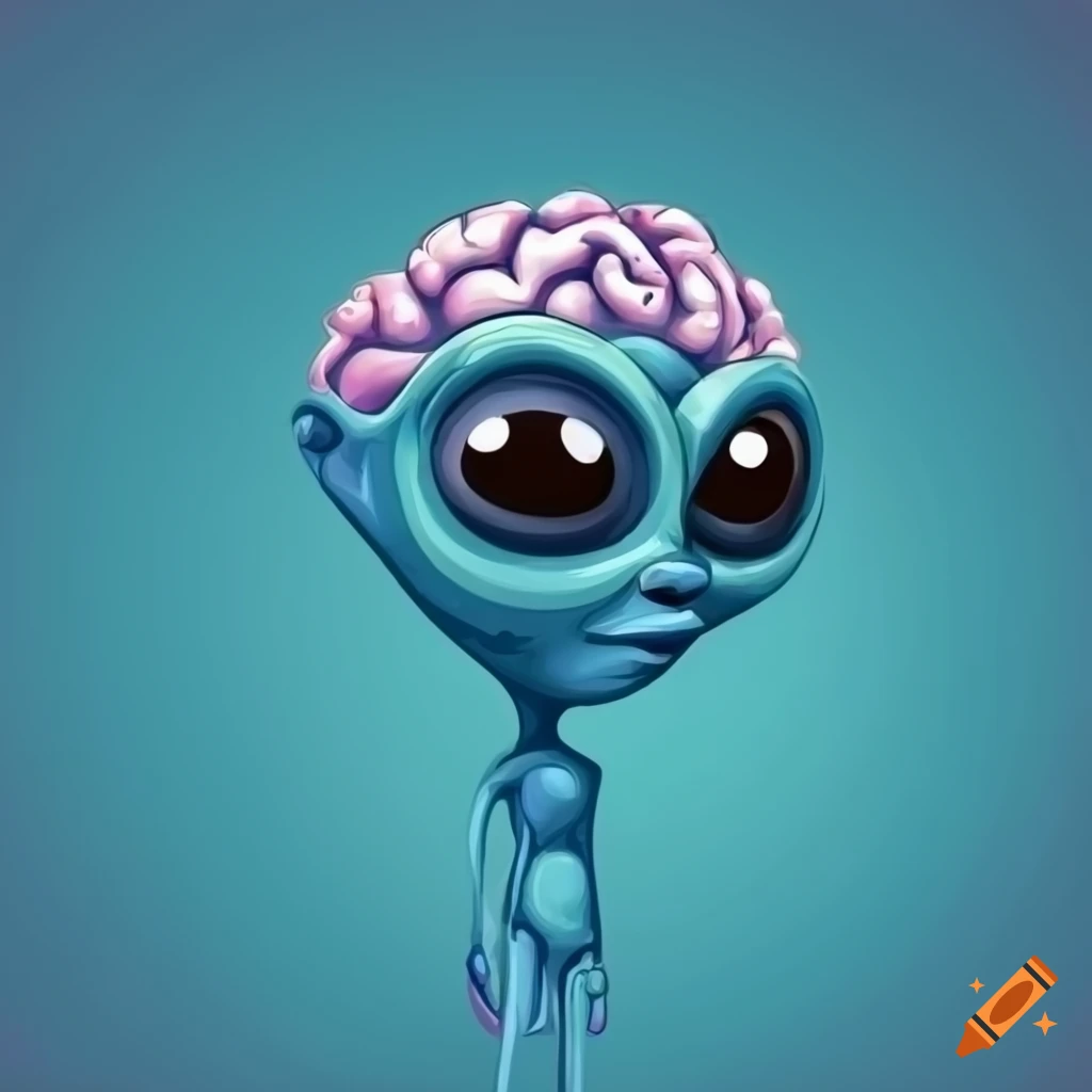 Smiling blue cartoon alien with brain head on transparent background on ...