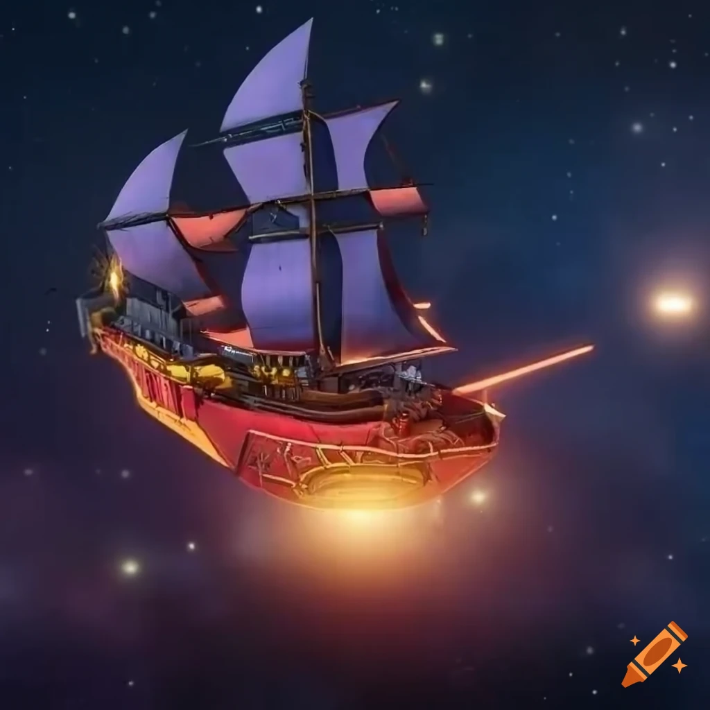 Detailed solar punk ship sailing vessel with rocket engines flying by ...