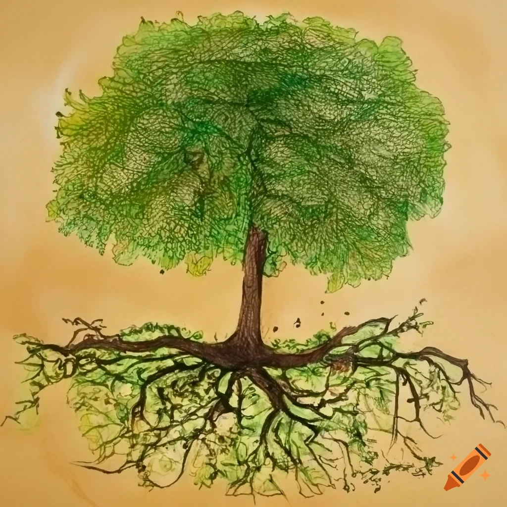 Skizze eines Baumes mit Blättern und Wurzeln, gemalt mit Wasserfarben ...