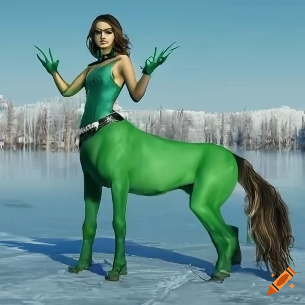 Keira knightley as a green centaur on a frozen lake on Craiyon