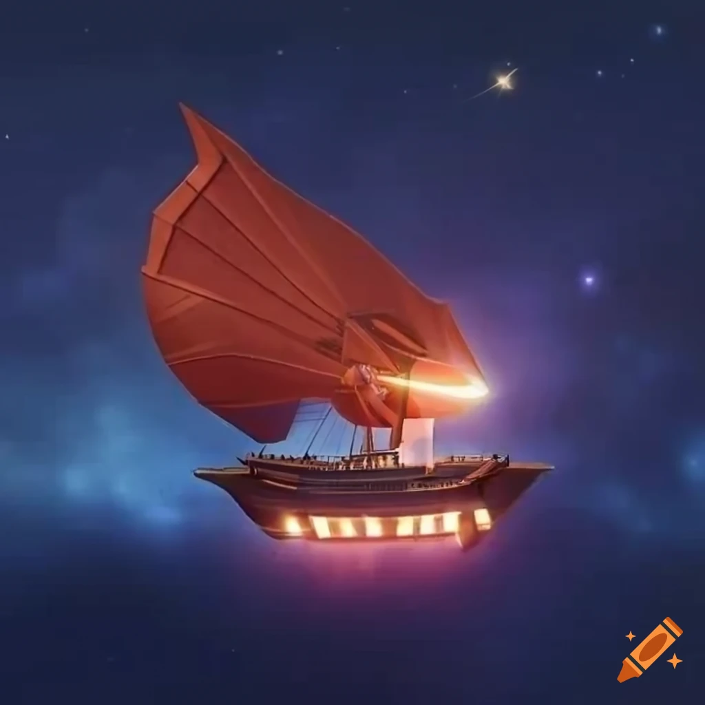 Detailed solar punk ship sailing vessel flying by stars, planet, moon ...