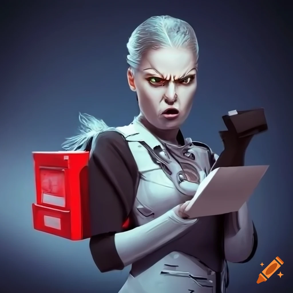 Sci-fi female post office worker with an angry face holding packages ...