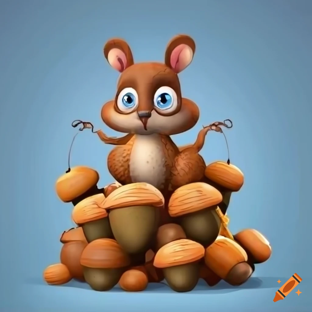 Cartoon squirrel sitting on a pile of acorns with electrical wires on ...