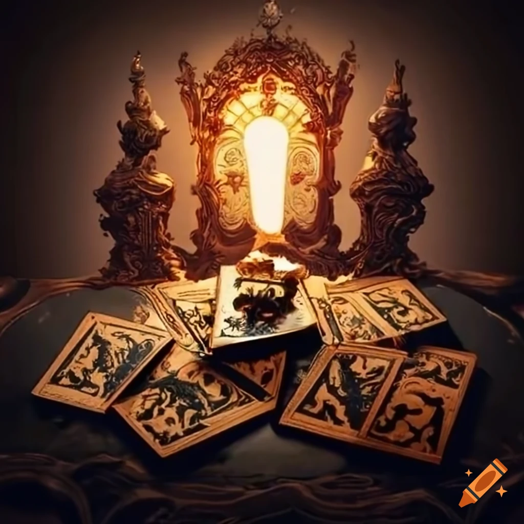 Ancient cards on a dark and ornate table telling the story of luck and ...