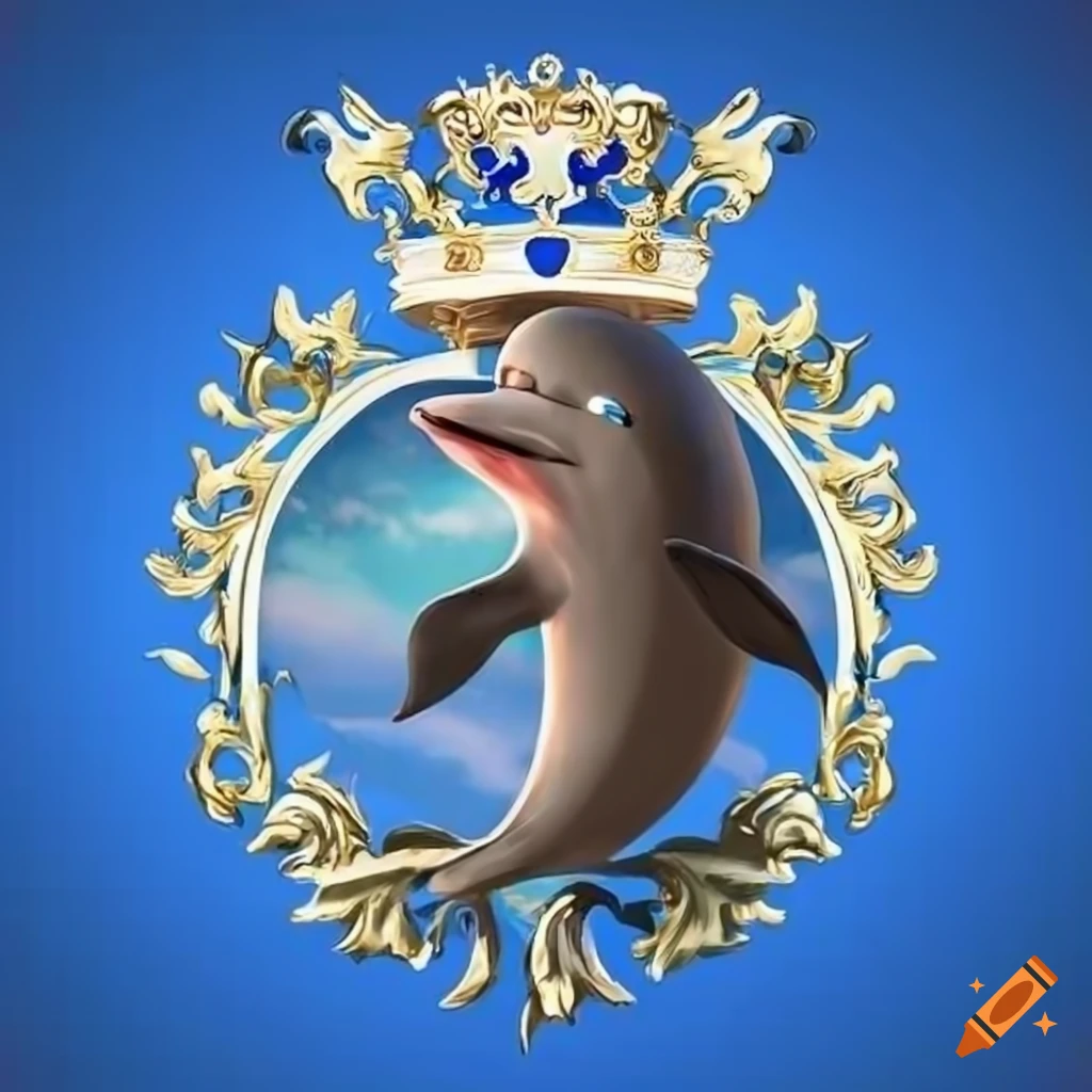Beautifully rendered coat of arms with a playful dolphin on Craiyon
