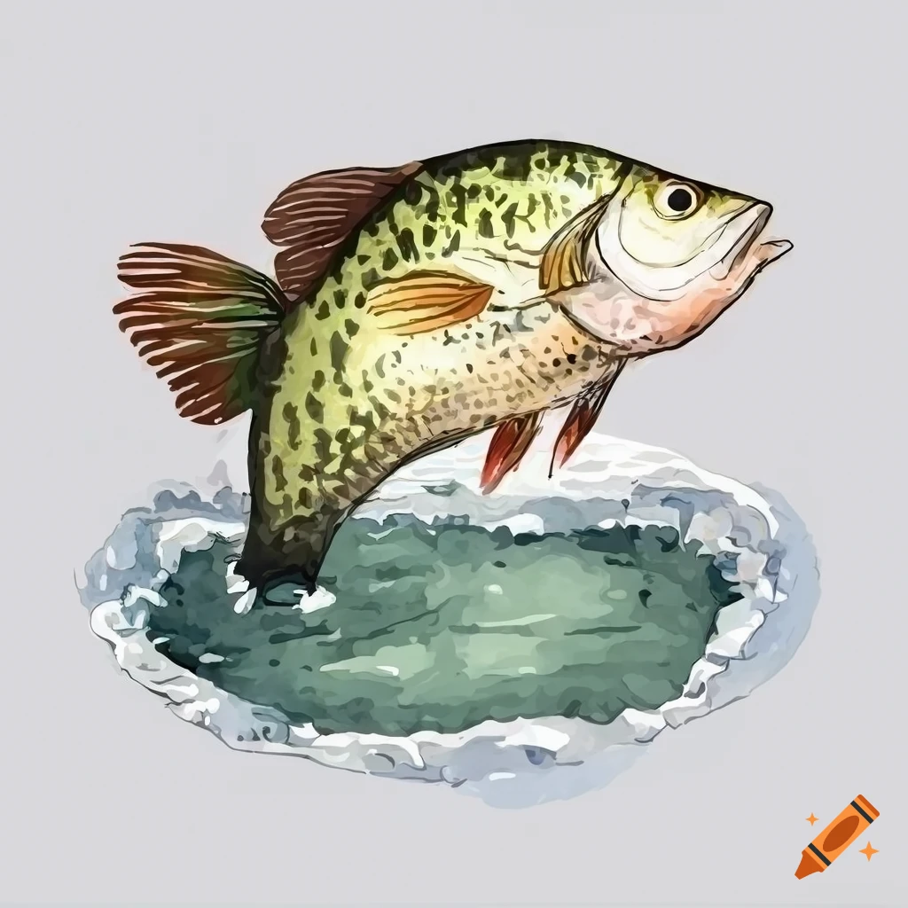 Crappie fish coming up through ice fishing hole, side view watercolor ...