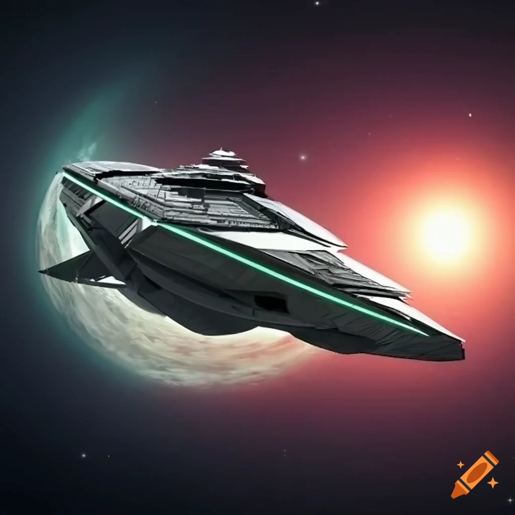 Futuristic space sailing ship between interstellar planets and stars on ...
