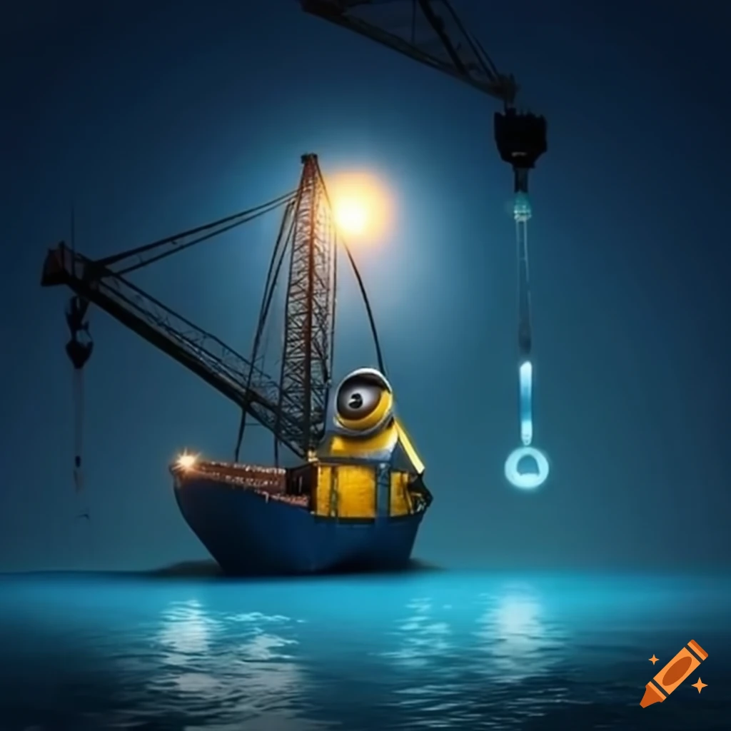 Giant minion on a ship with a crane in the night on Craiyon