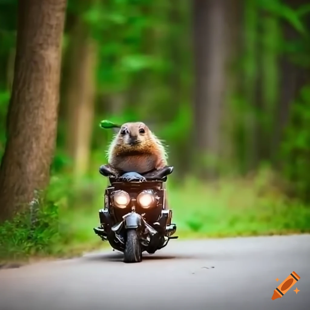 Groundhog riding a motorcycle on a road by the woods on Craiyon