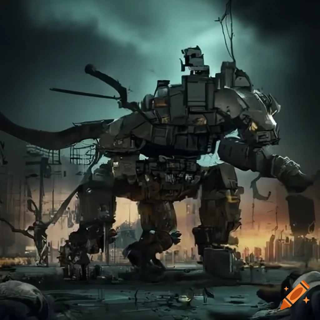 Giant mech robot battling a giant cat in a post-apocalyptic city on Craiyon