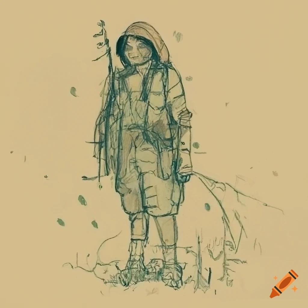 Sketch of a humble adventurer exploring an overgrown forest on Craiyon