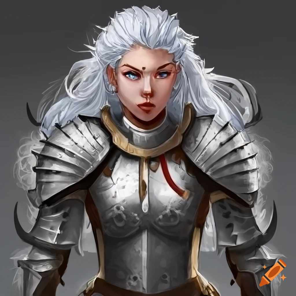 Female dnd character with silvery white hair and full plated armor in a ...