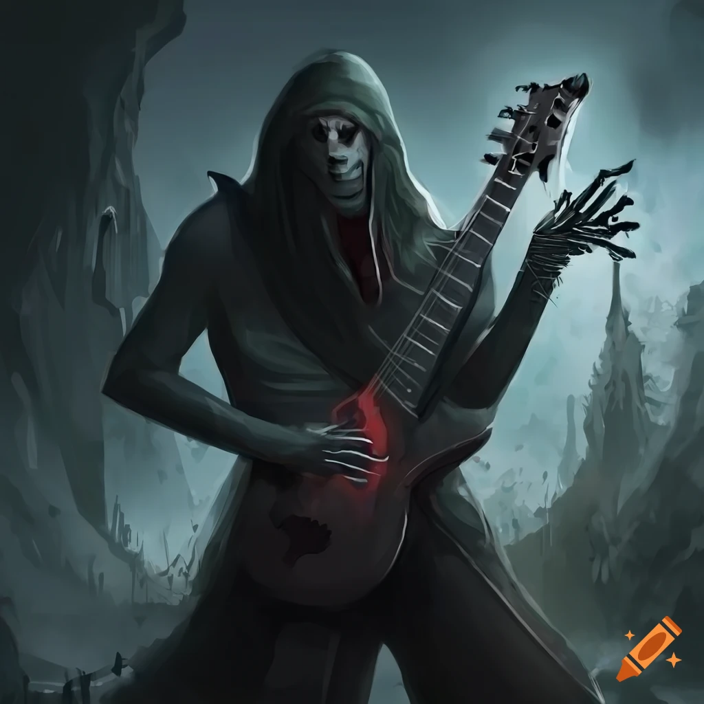 Dark entity with a bass guitar on a battlefield in fantasy art on Craiyon