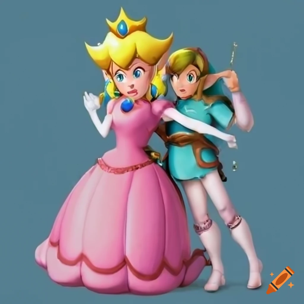 Artistic portrayal of princess peach and link in elegant attire on Craiyon