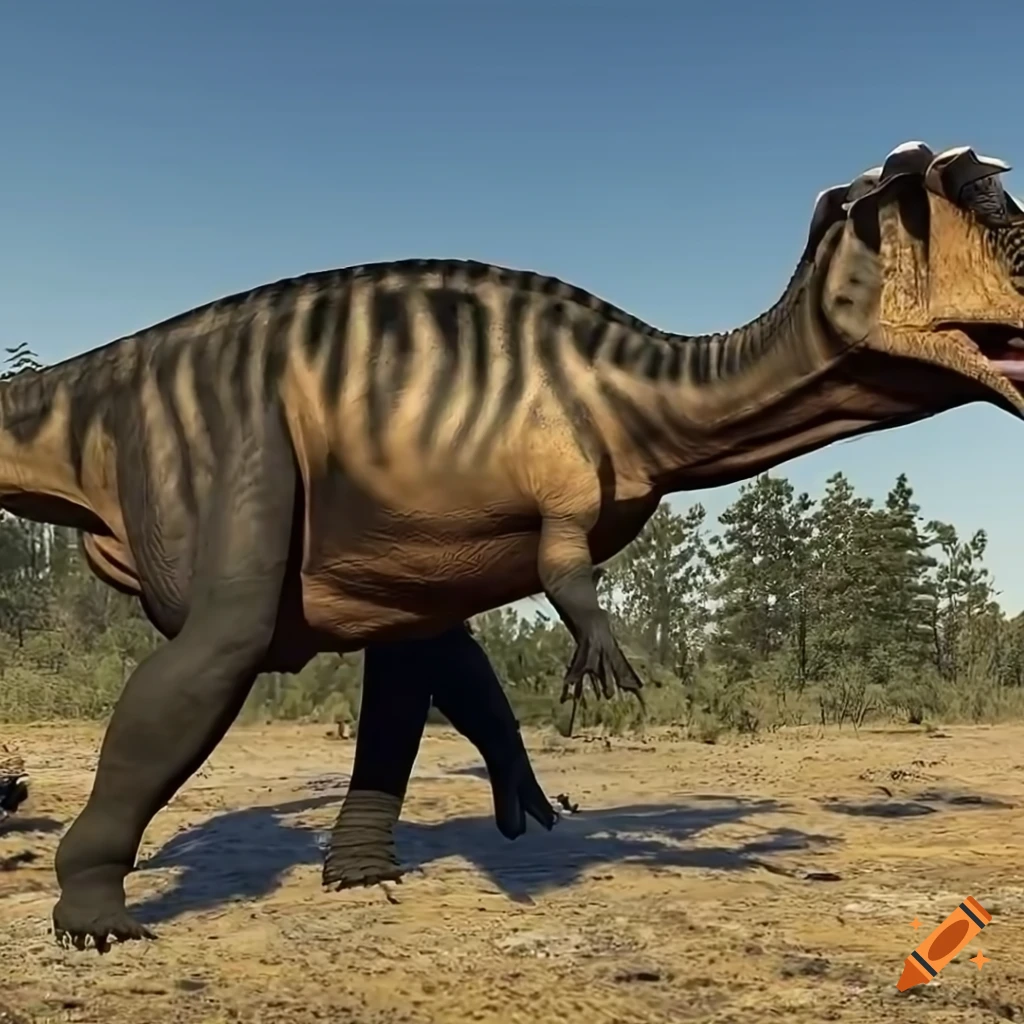 Hefty hadrosaurus dinosaur with intricate color pattern in warm morning ...