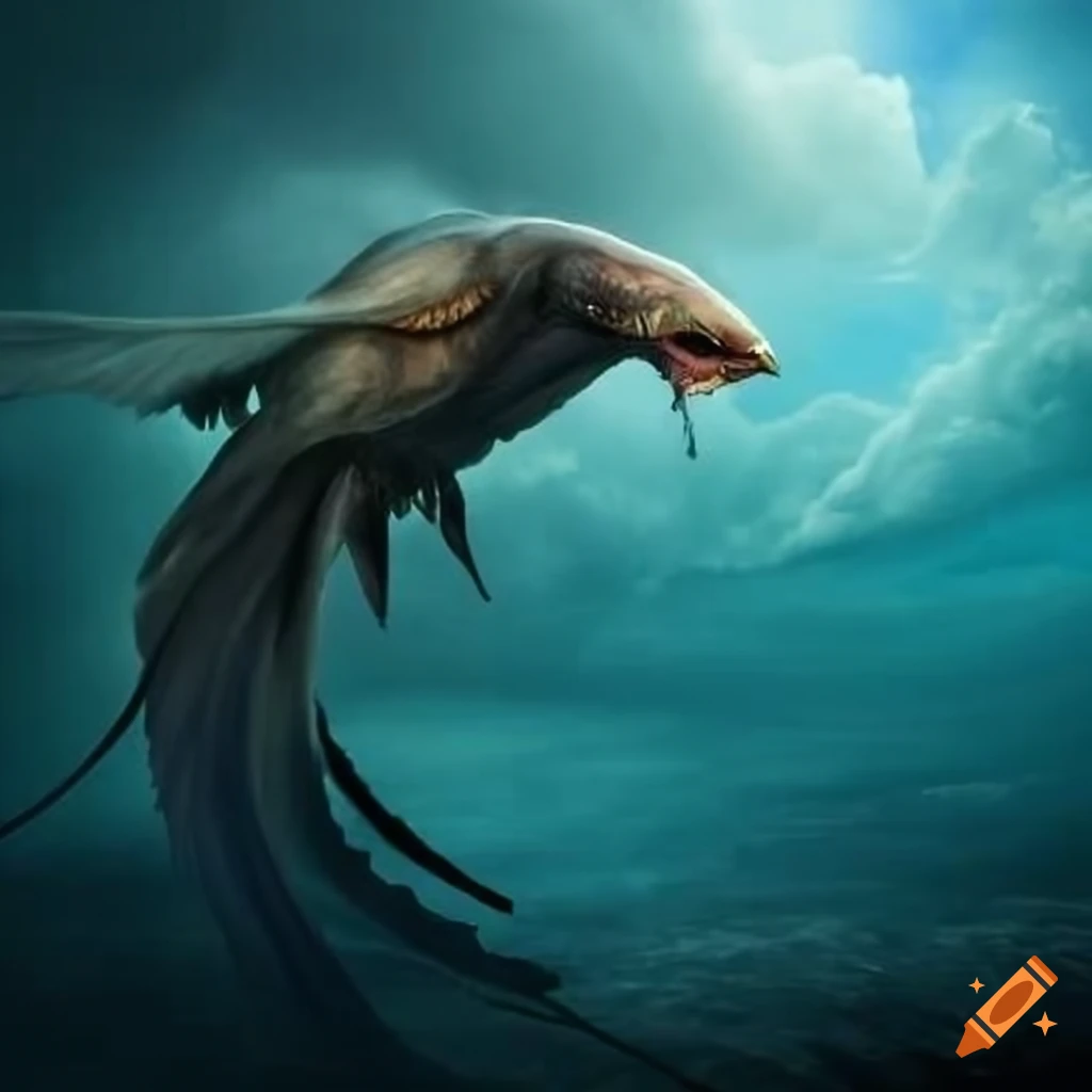 Detailed high-quality fantasy image of a flying creature amidst storms ...