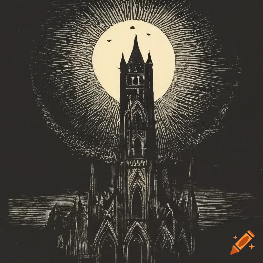 Gothic tower with a black sun in a haunting woodcut etching on Craiyon