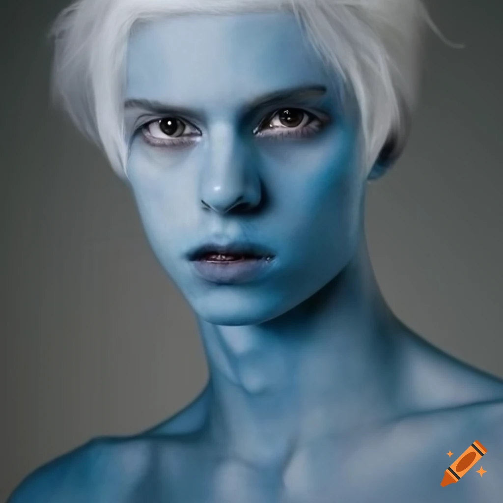 Realistic photo of a blue-skinned humanoid alien man with wavy white ...
