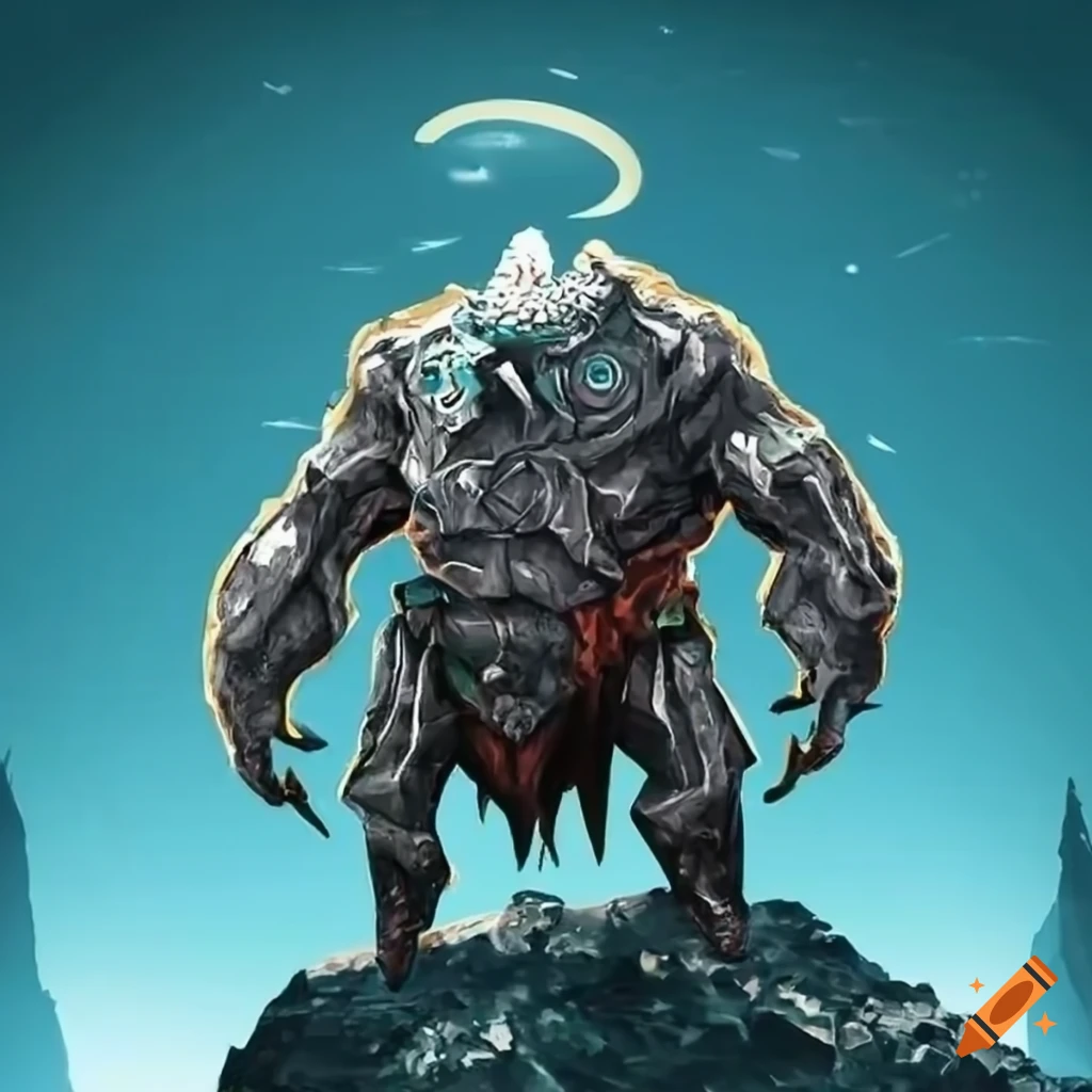 Metal golem standing on a diamond mountain on Craiyon