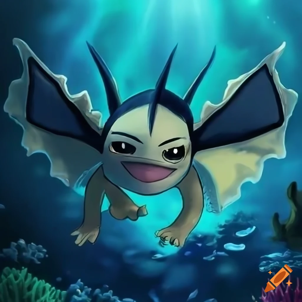 Vaporeon swimming near a coral reef in detailed pokemon fan art on Craiyon