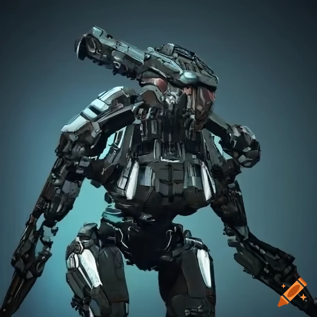 Sleek and powerful 4 meter tall mech with the lead character suiting up ...